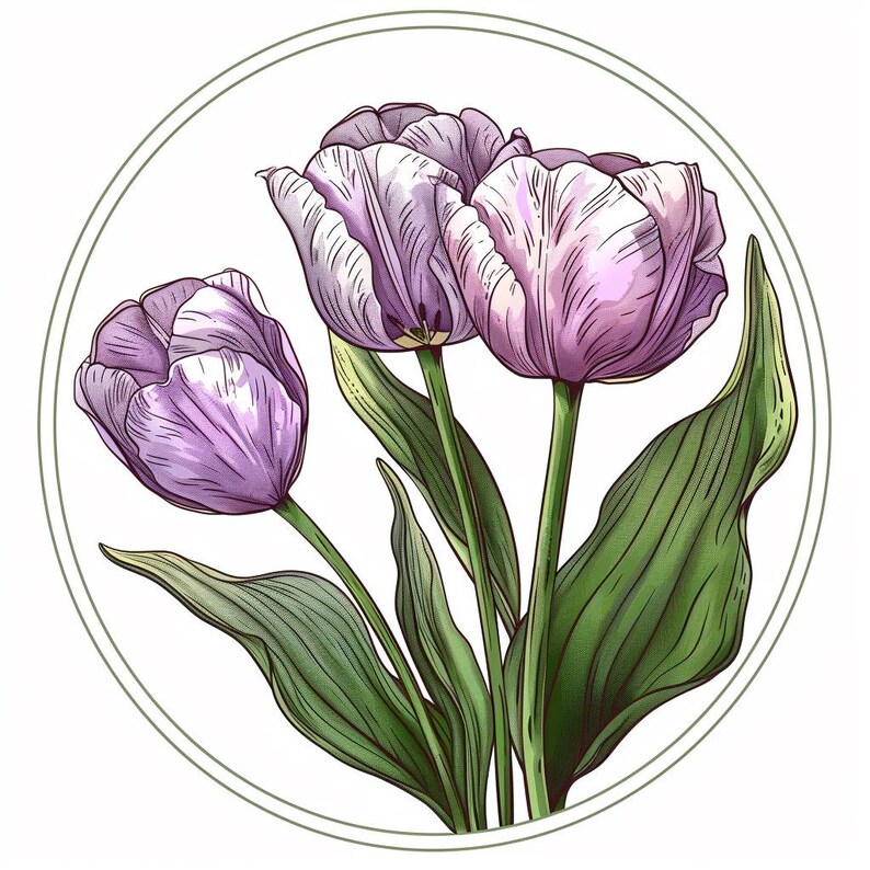 Tulip Blooms Line Art Vivid Color Bundle 2 32 Digital Ai Line Art Png ...