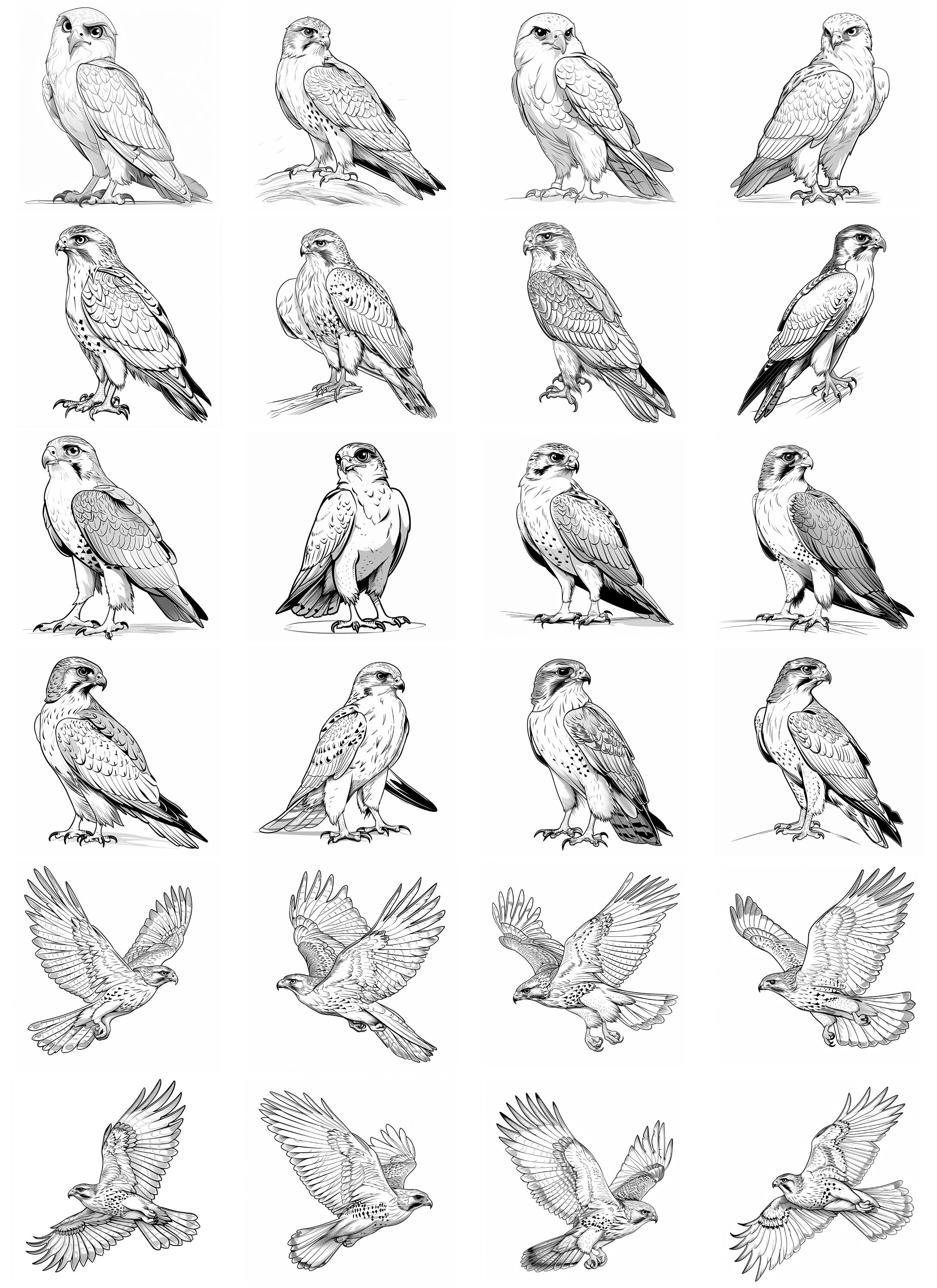Hawk Realistic Line Art Illustration Black and White Bundle 1 96 ...