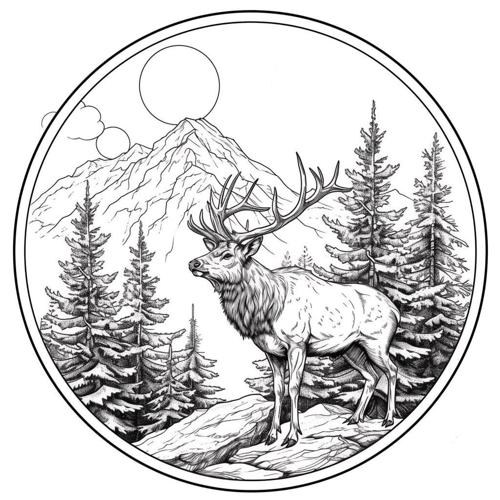 Elk Oval Mountain Forrest Black and White Line Art Bundle 2 36 Digital ...