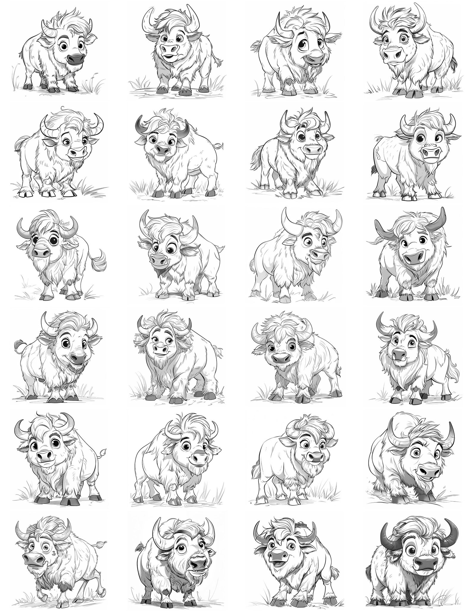 Buffalo/bison Cartoon Line Art Black and White Bundle 2 90 Digital Line ...