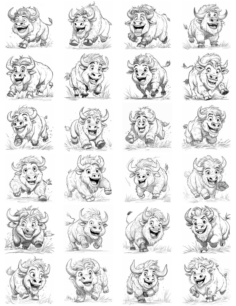 Buffalo/bison Cartoon Happy Line Art Black and White Bundle 1 60 ...