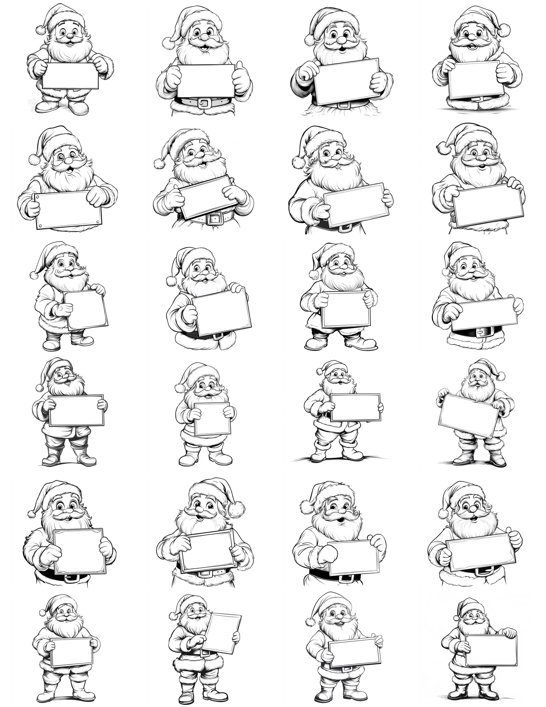 Santa Holding Sign Cartoon Line Art Illustration Black and White Bundle ...
