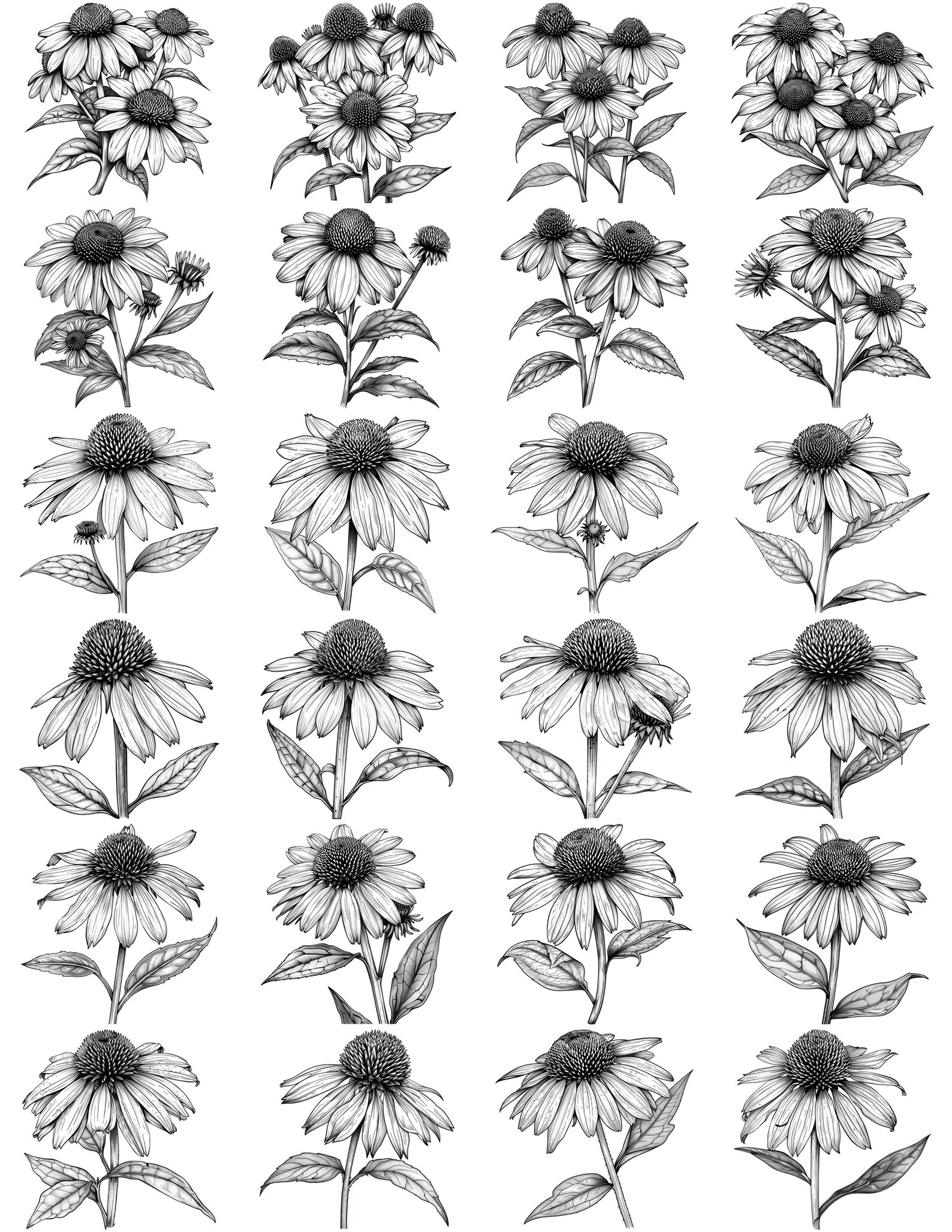 Coneflower Line Art Black and White Bundle 4 36 Digital Ai Line Art PNG ...