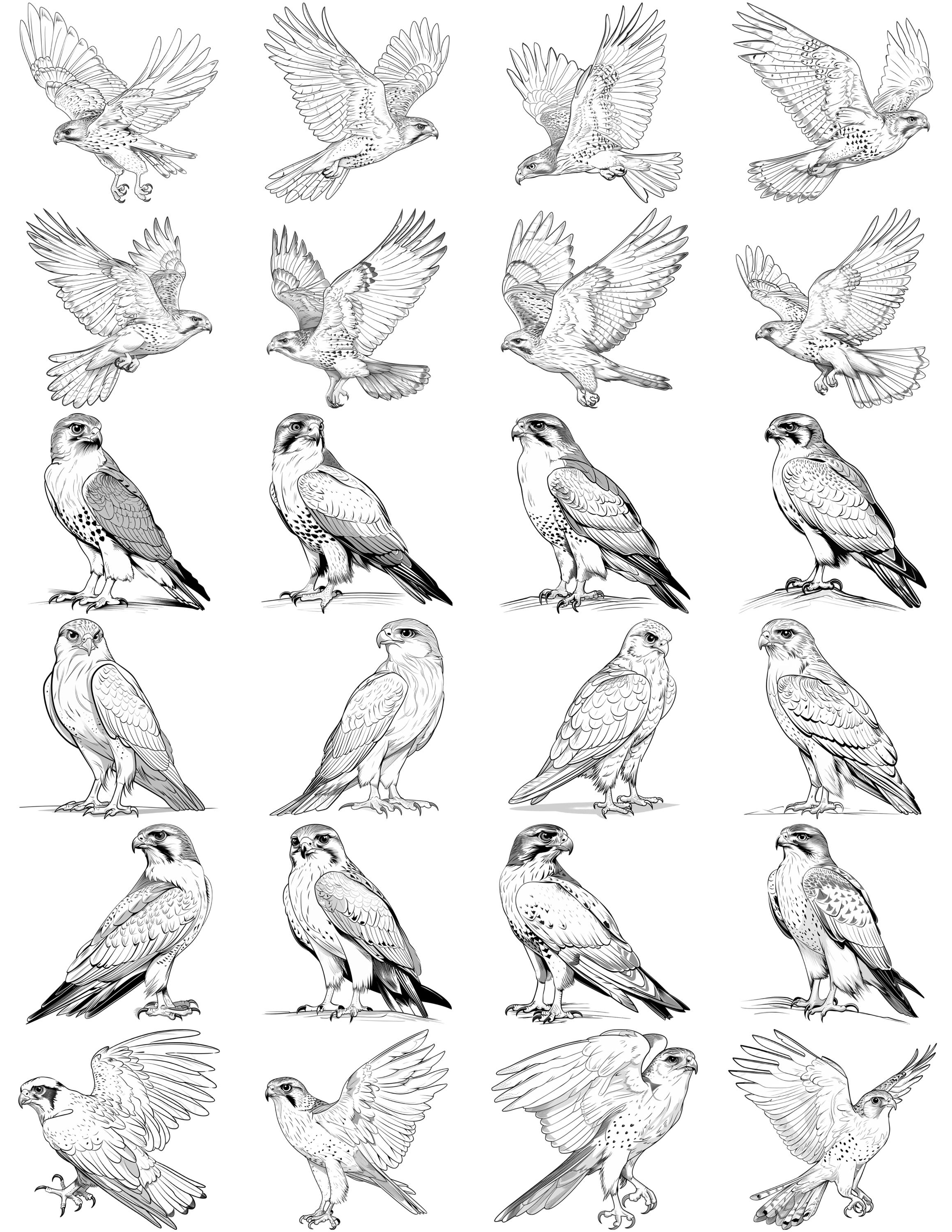 Hawk Realistic Line Art Illustration Black and White Bundle 2 50 ...