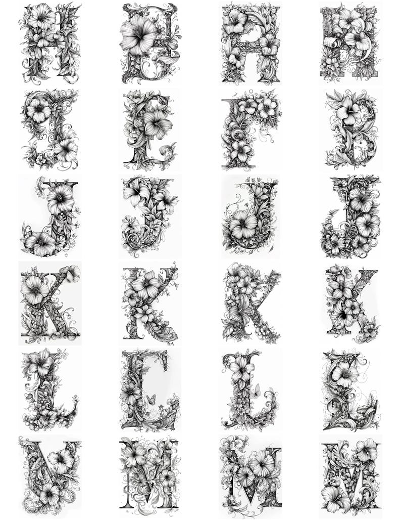 Cherry Blossom Alphabet Cap Drop Black/white Line Art Bundle H-N 28 ...