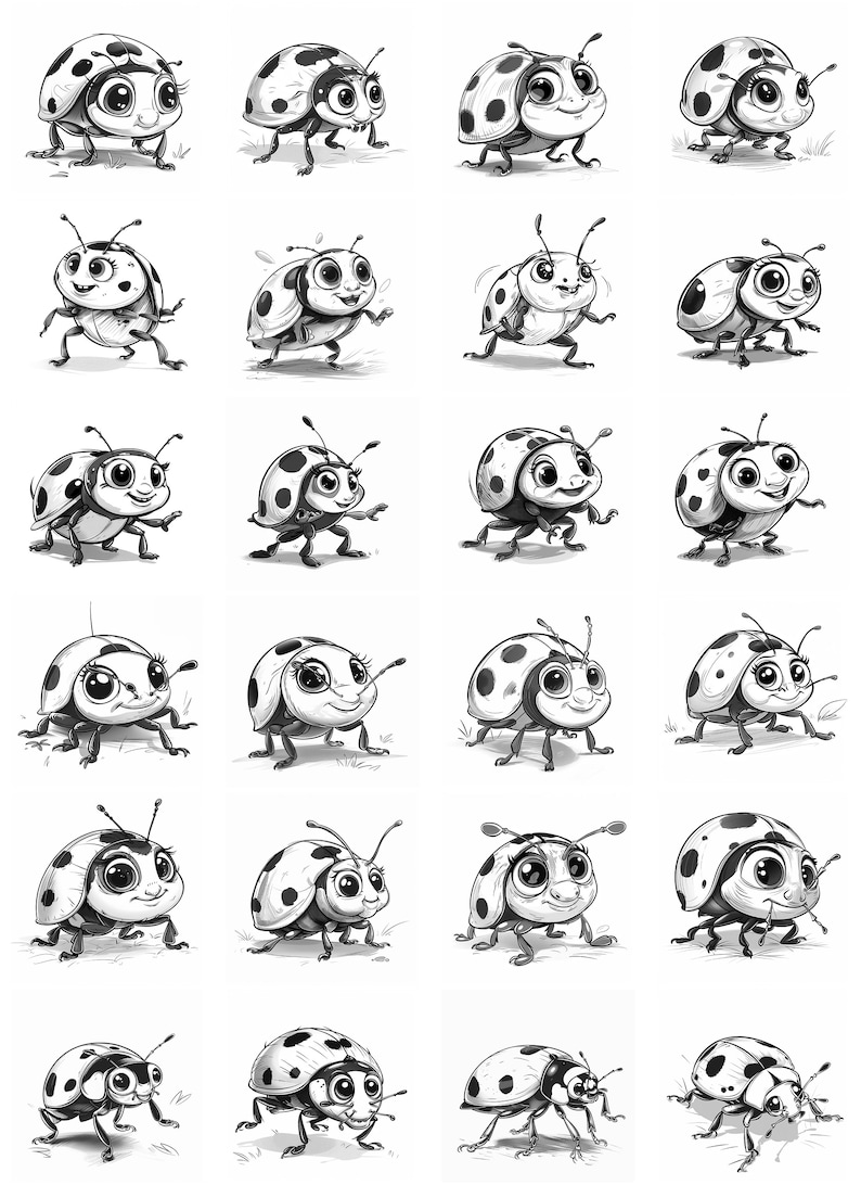 Ladybug Cartoon Black and White Bundle 1 72 Digital Ai Line Art PNG-SVG ...