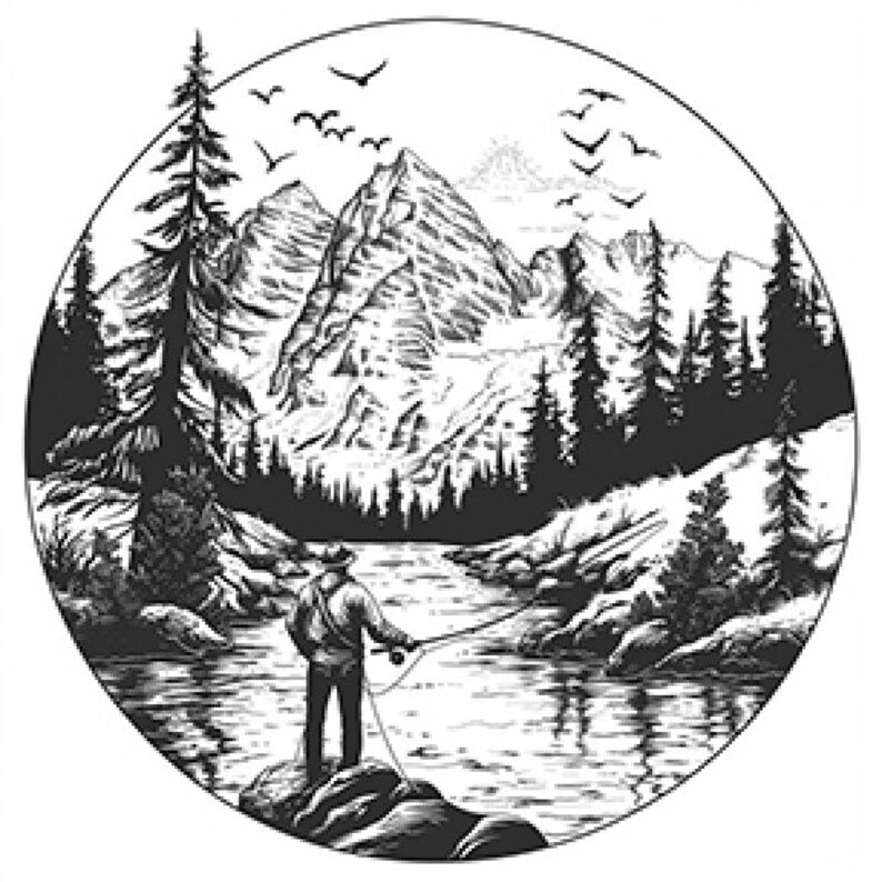 Fishing Mountain Scene Oval Silhouette Black/white Line Art Bundle 2 Ai ...