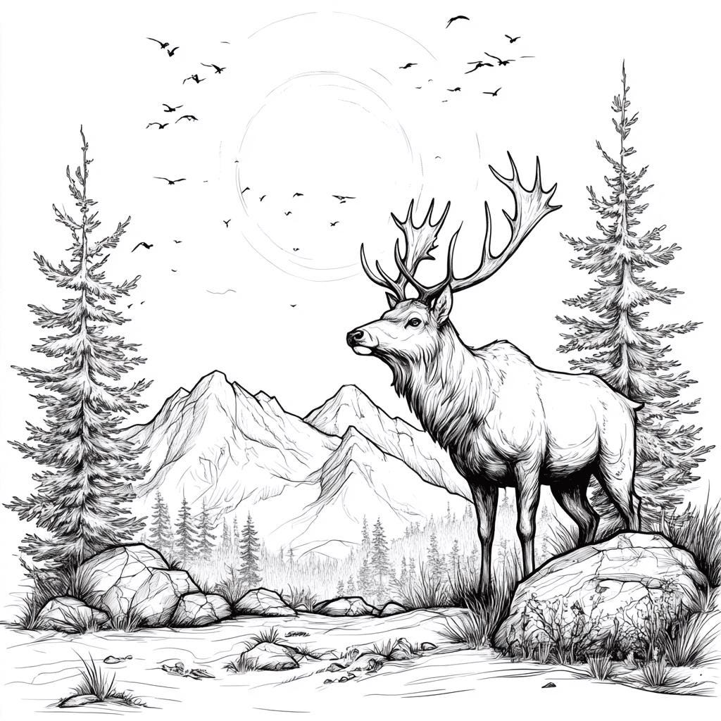 Elk Forrest Black and White Line Art Bundle 1 20 Digital Ai Line Art ...