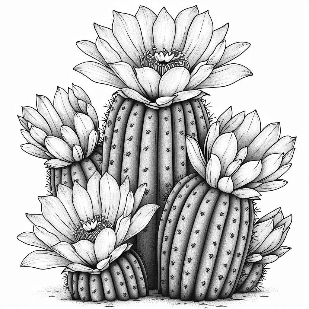Cactus Blooms Line Art Black and White Bundle 2 24 Digital Line Art Ai ...
