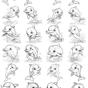 Dolphin Cartoon Black/white Line Art Bundle 1 60 Digital Ai Line Art ...