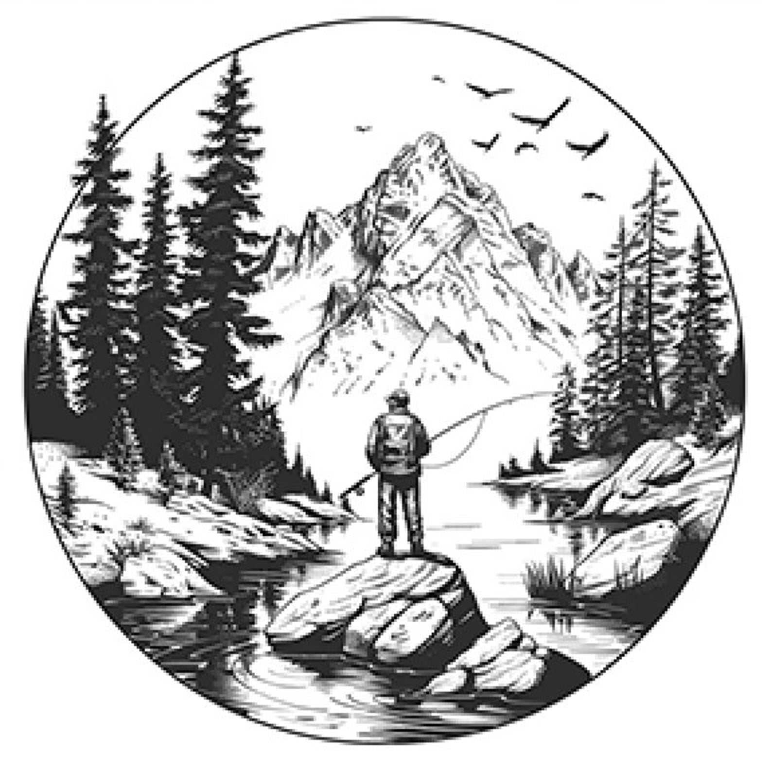 Fishing Mountain Scene Oval Silhouette Black/white Line Art Bundle 2 Ai ...