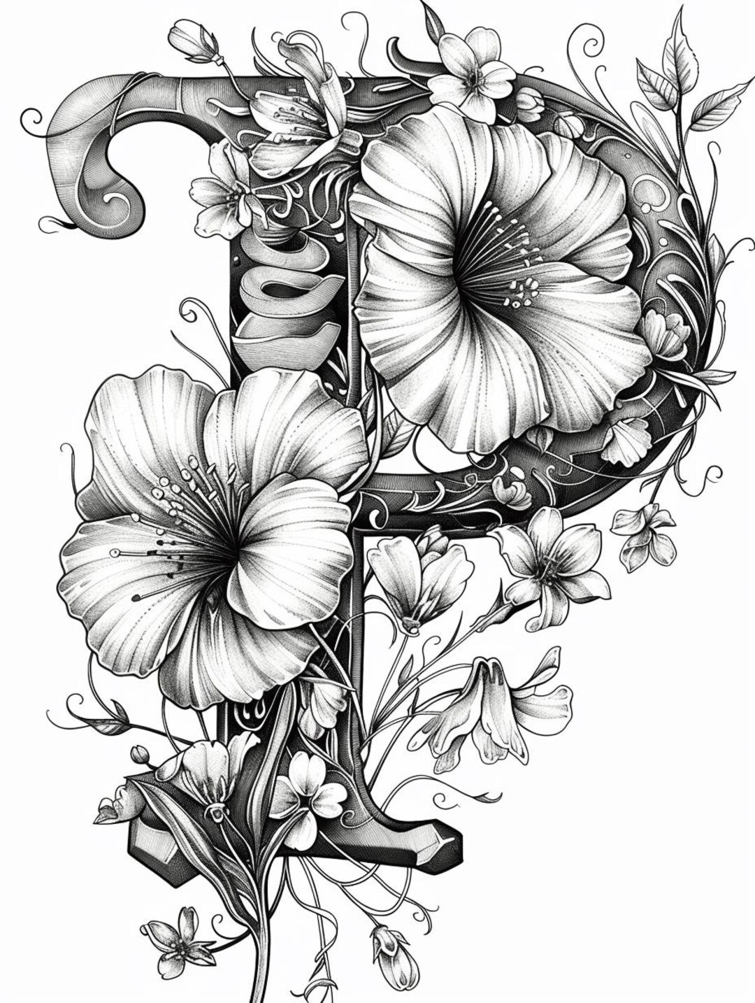 Cherry Blossom Alphabet Cap Drop Black/white Line Art Bundle O-Z 43 ...