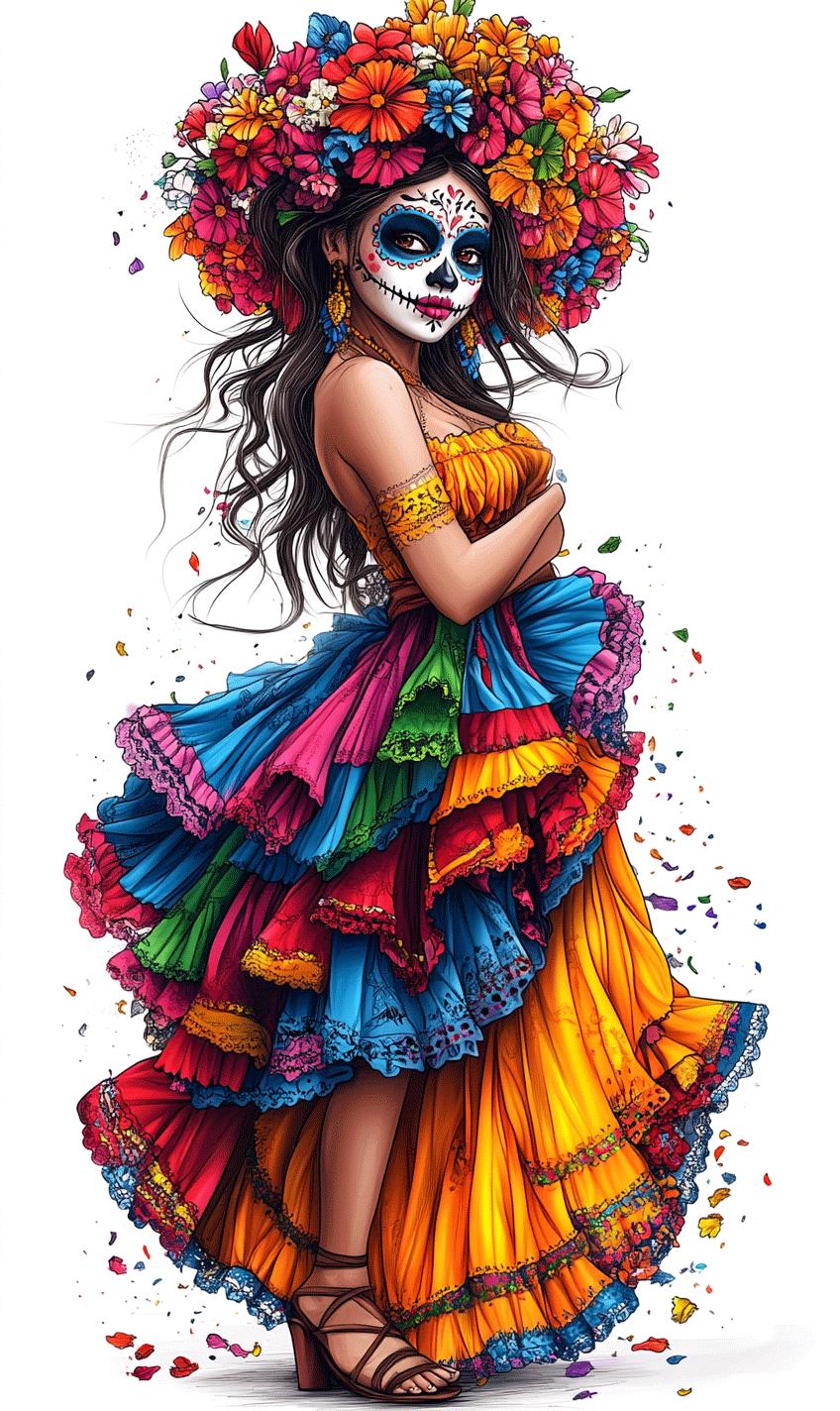 Girl Latin American Vintage Celebration Cartoon Line Art Illustration ...