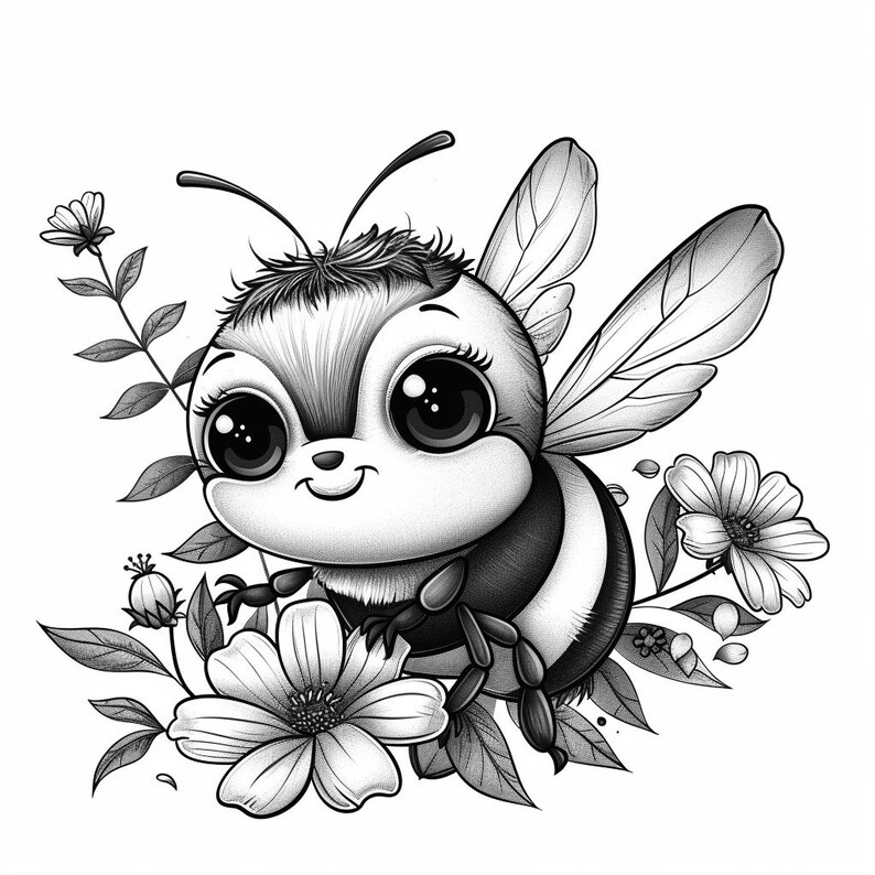 Bees and Flowers Cartoon Black and White Bundle 1 32 Digital Line Art ...