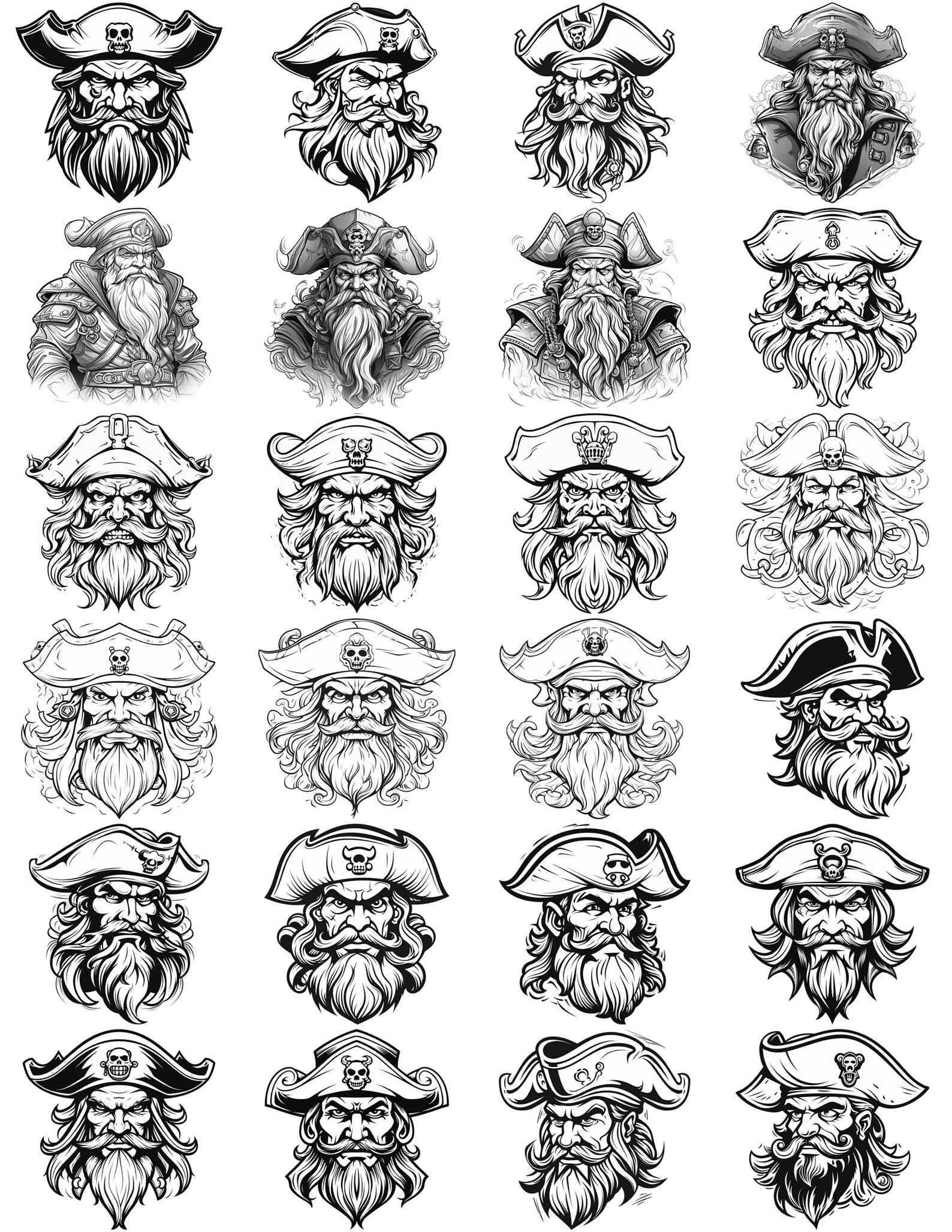 Pirate Head Line Art Black and White Bundle 2 60 Digital Ai Line Art ...