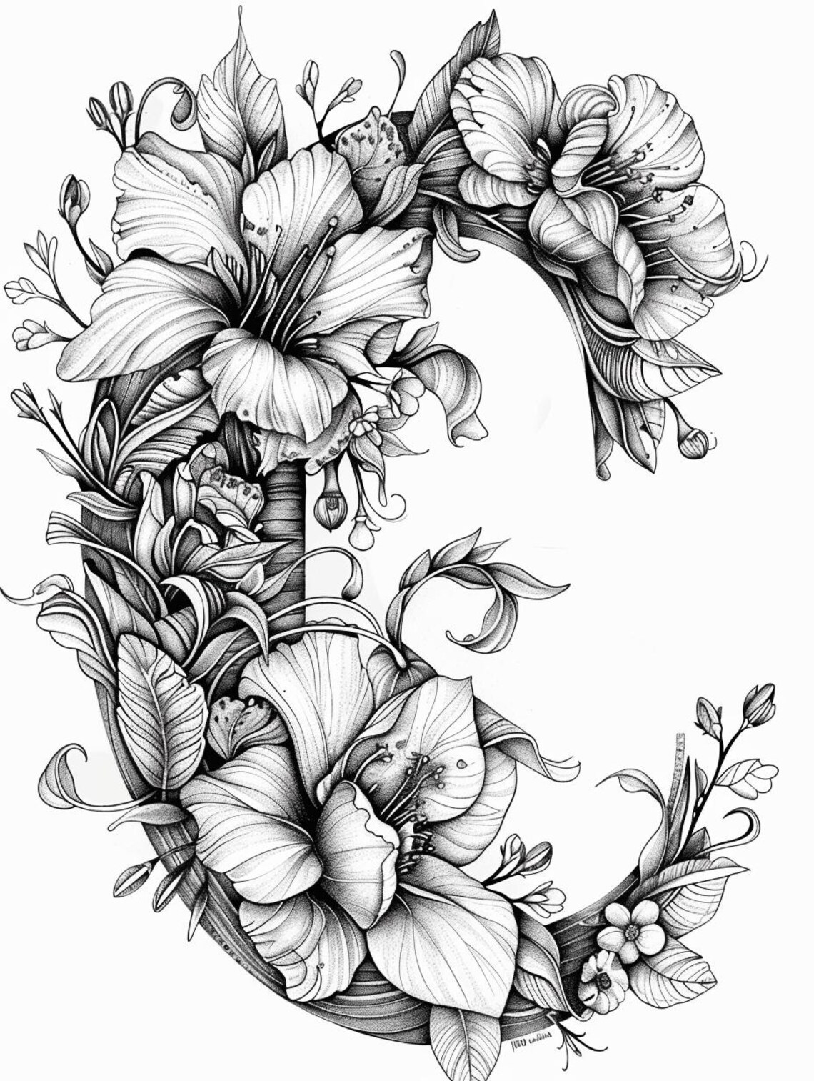 Cherry Blossom Alphabet Cap Drop Black/white Line Art Bundle A-G 28 ...