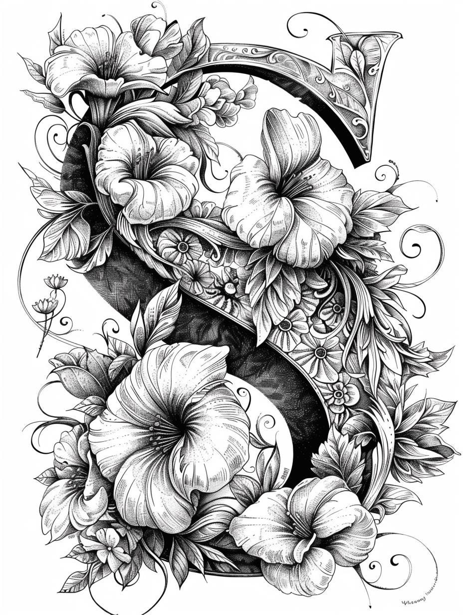 Cherry Blossom Alphabet Cap Drop Black/white Line Art Bundle O-U 27 ...