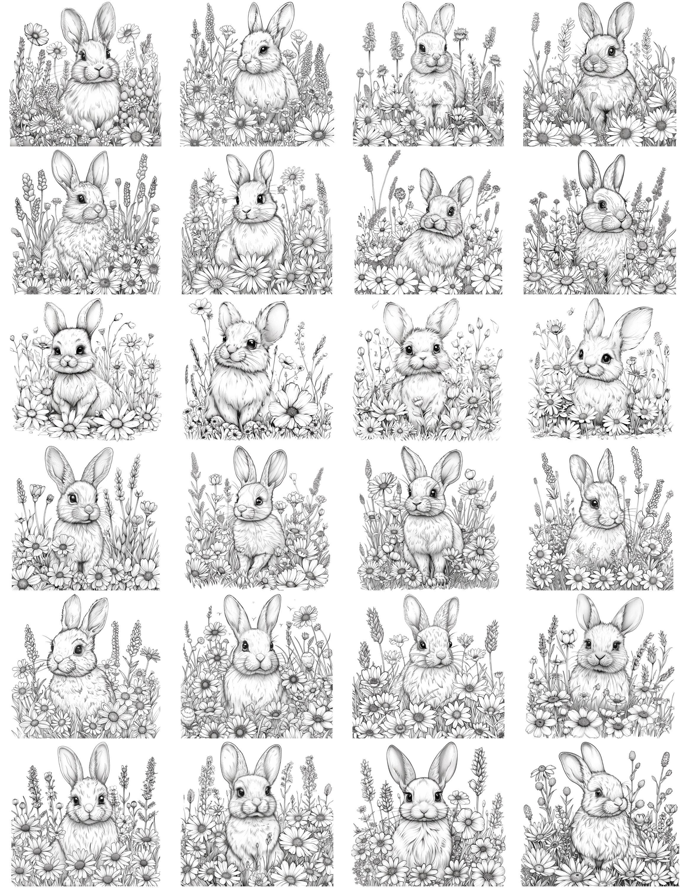 Bunny in Field of Flowers Line Art: Color/black & White Clipart (PNG ...