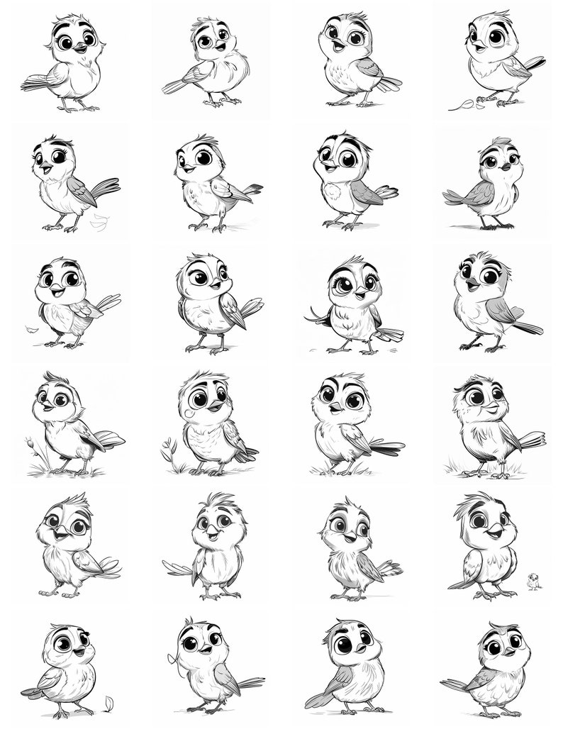 Chickadee Cartoon Illustration Black and White Bundle 2 72 Digital Ai ...