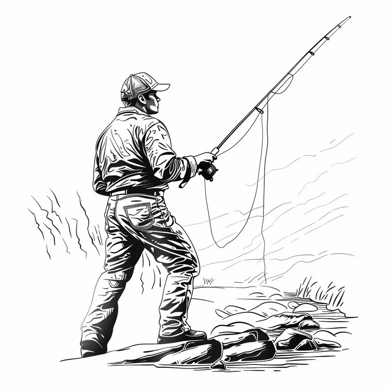 Fisherman Line Art Black and White Bundle 1 48 Digital Ai Line Art PNG ...