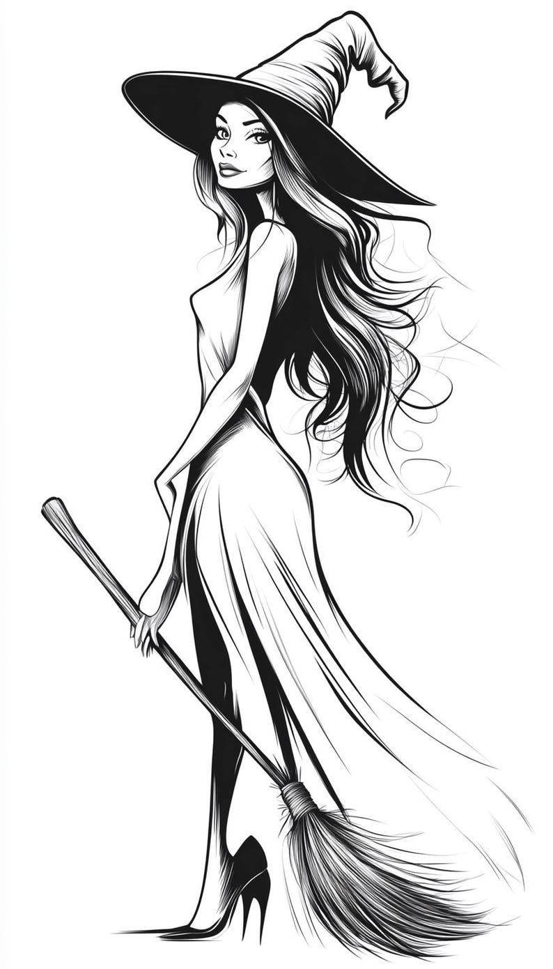 Witch Lovely Cartoon Line Art Illustration Black and White Bundle 3 72 ...