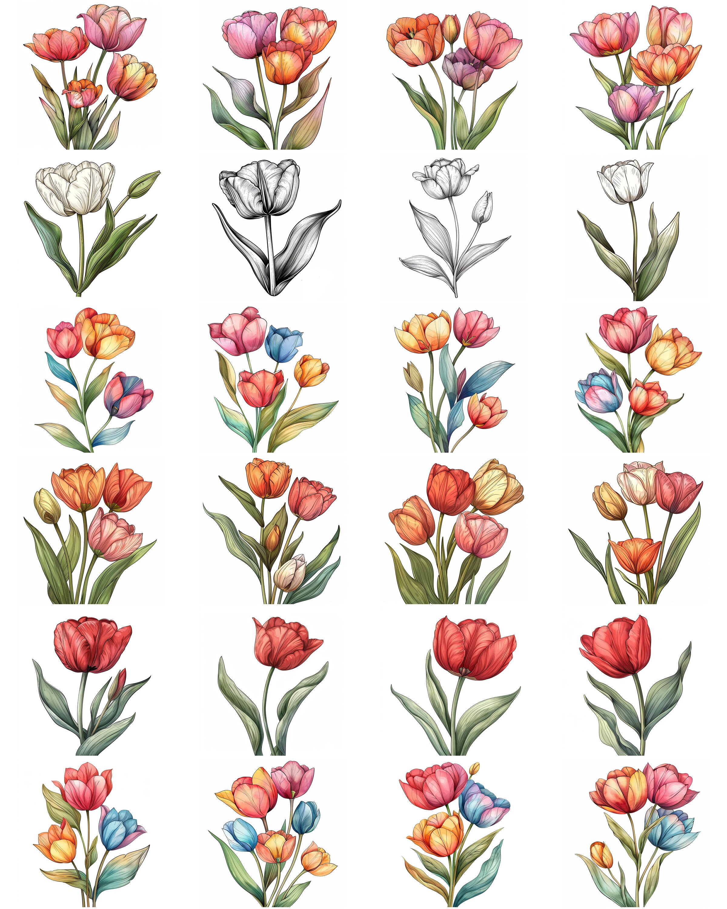 Tulip Blooms Line Art Vivid Color Bundle 2 72 Digital Line Art AI Svg ...
