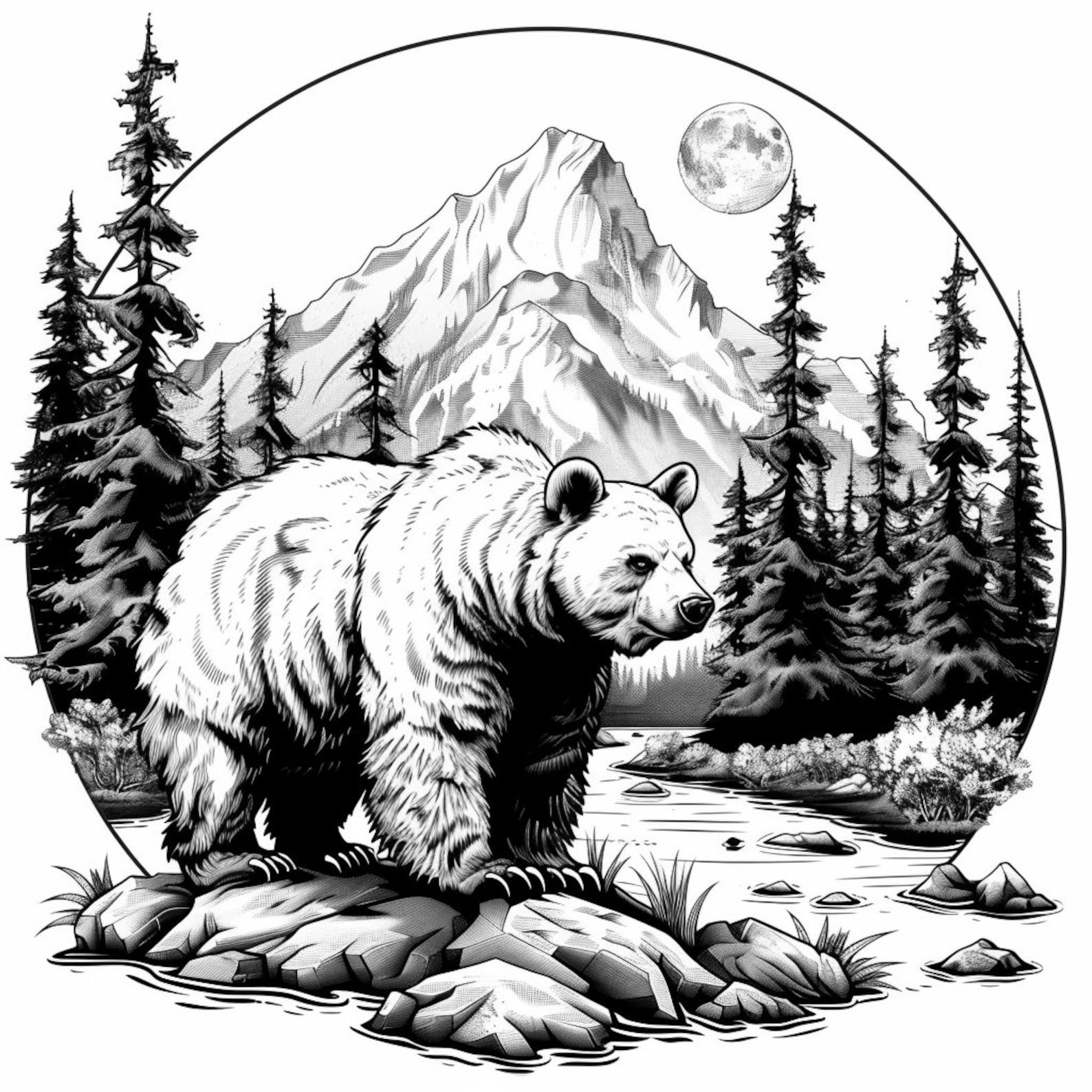 Bear Mountain Scene Illustrations Black and White Bundle 1 36 Digital ...