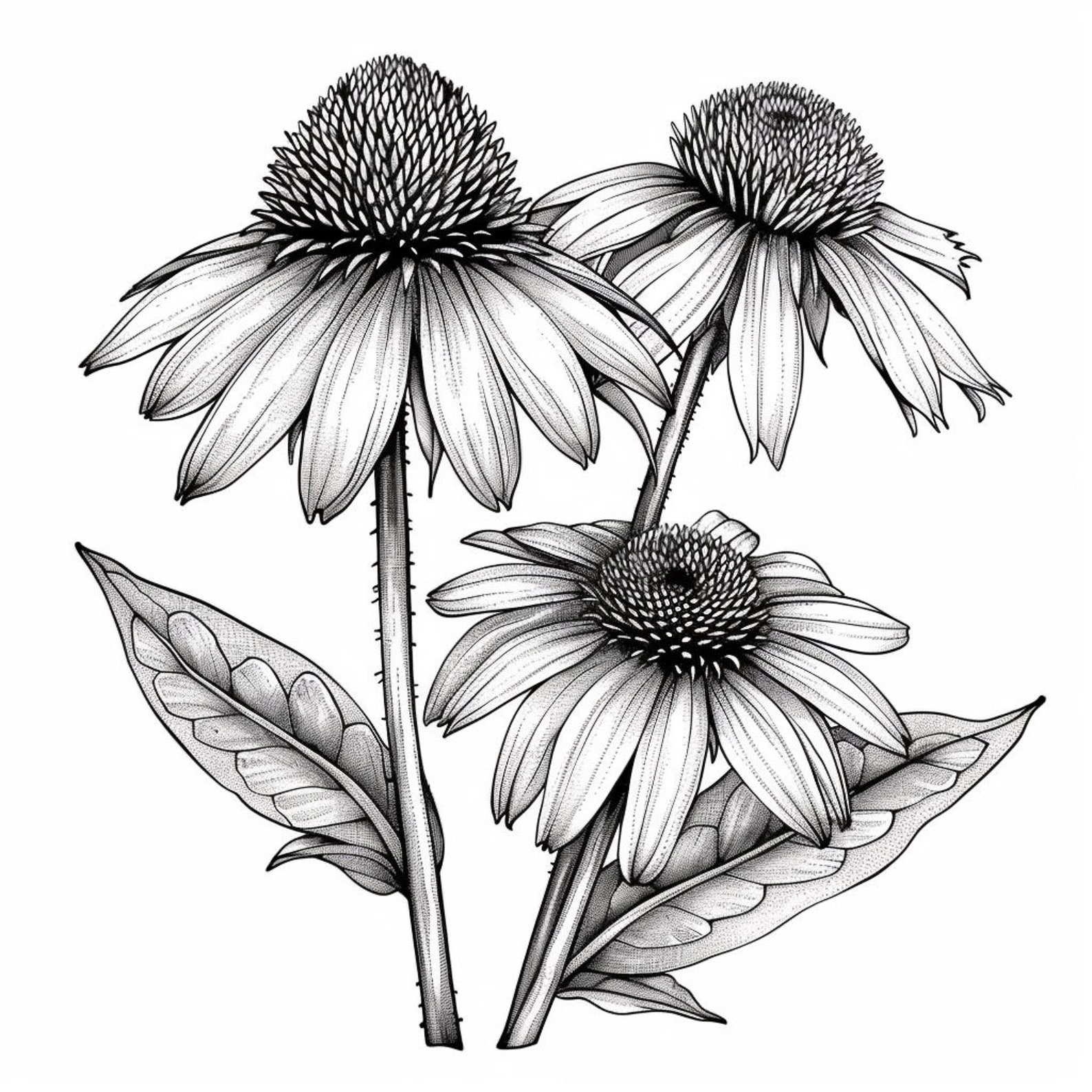 Cone Flower Line Art Black and White Bundle 3 36 Digital Ai Line Art ...