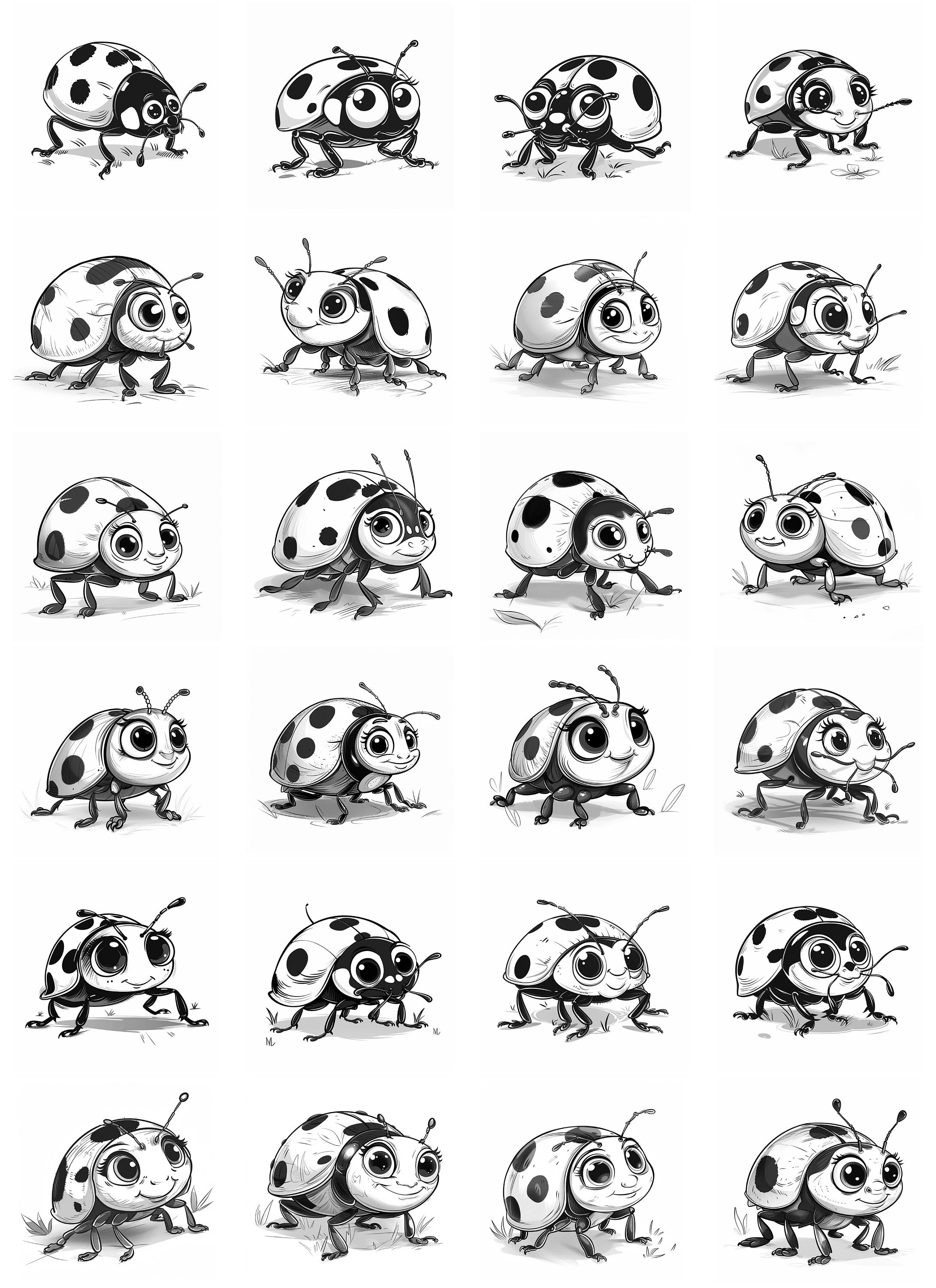 Ladybug Cartoon Black and White Bundle 1 72 Digital Line Art Ai Svg-png ...