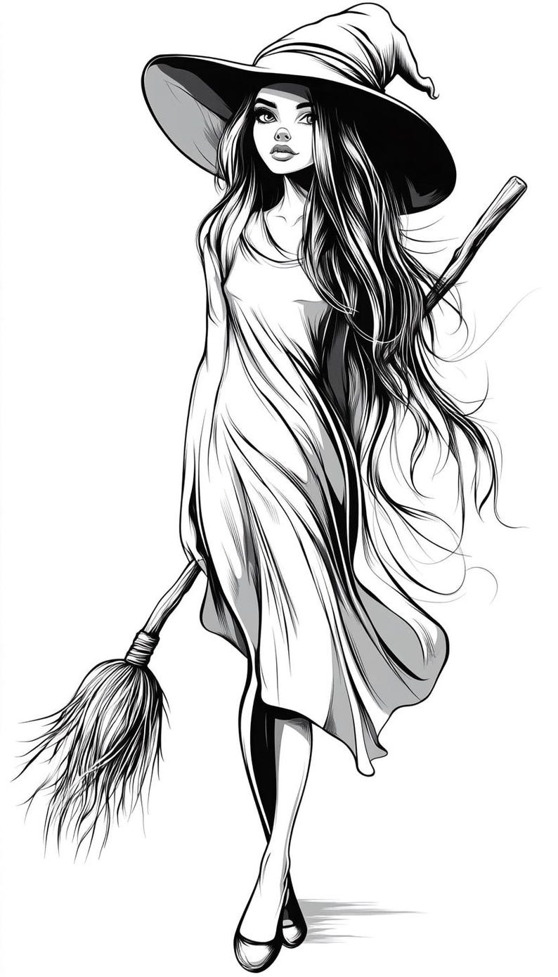 Witch Lovely Cartoon Line Art Illustration Black and White Bundle 3 72 ...