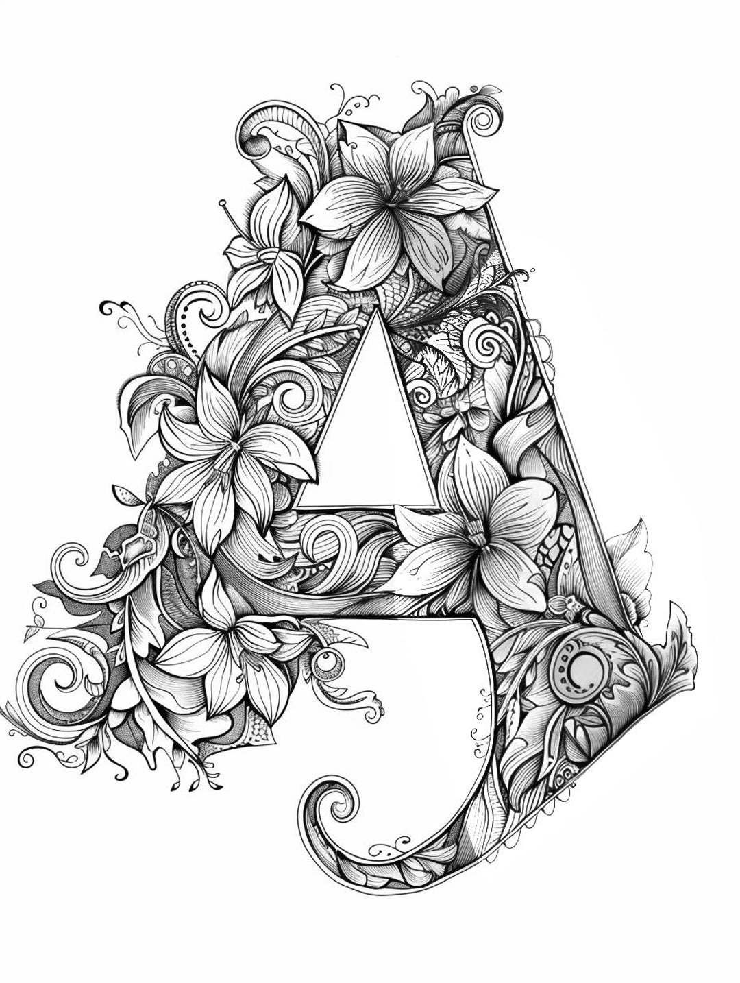Cherry Blossom Alphabet Cap Drop Black/white Line Art Bundle A-G 28 ...