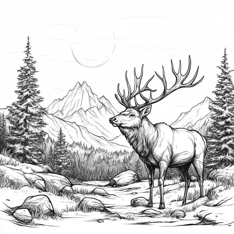 Elk Forrest Black and White Line Art Bundle 1 20 Digital Ai Line Art ...