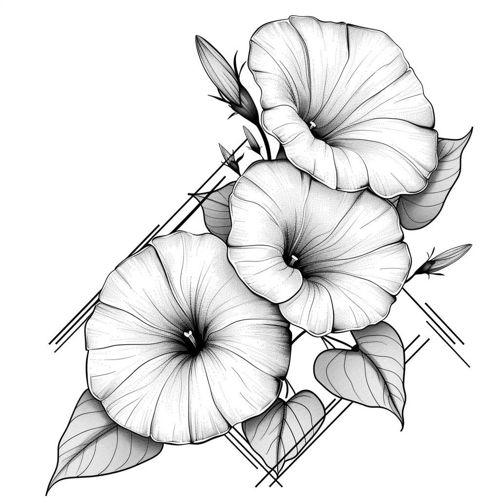 Morning Glory Blooms Symmetrical Logo Line Art Black and White Bundle 3 ...