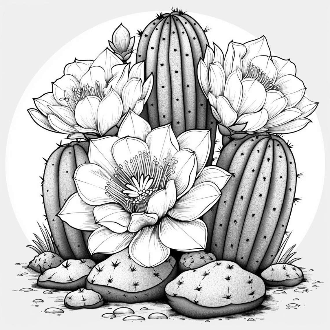 Cactus Blooms Line Art Black and White Bundle 1 24 Digital Ai Line Art ...