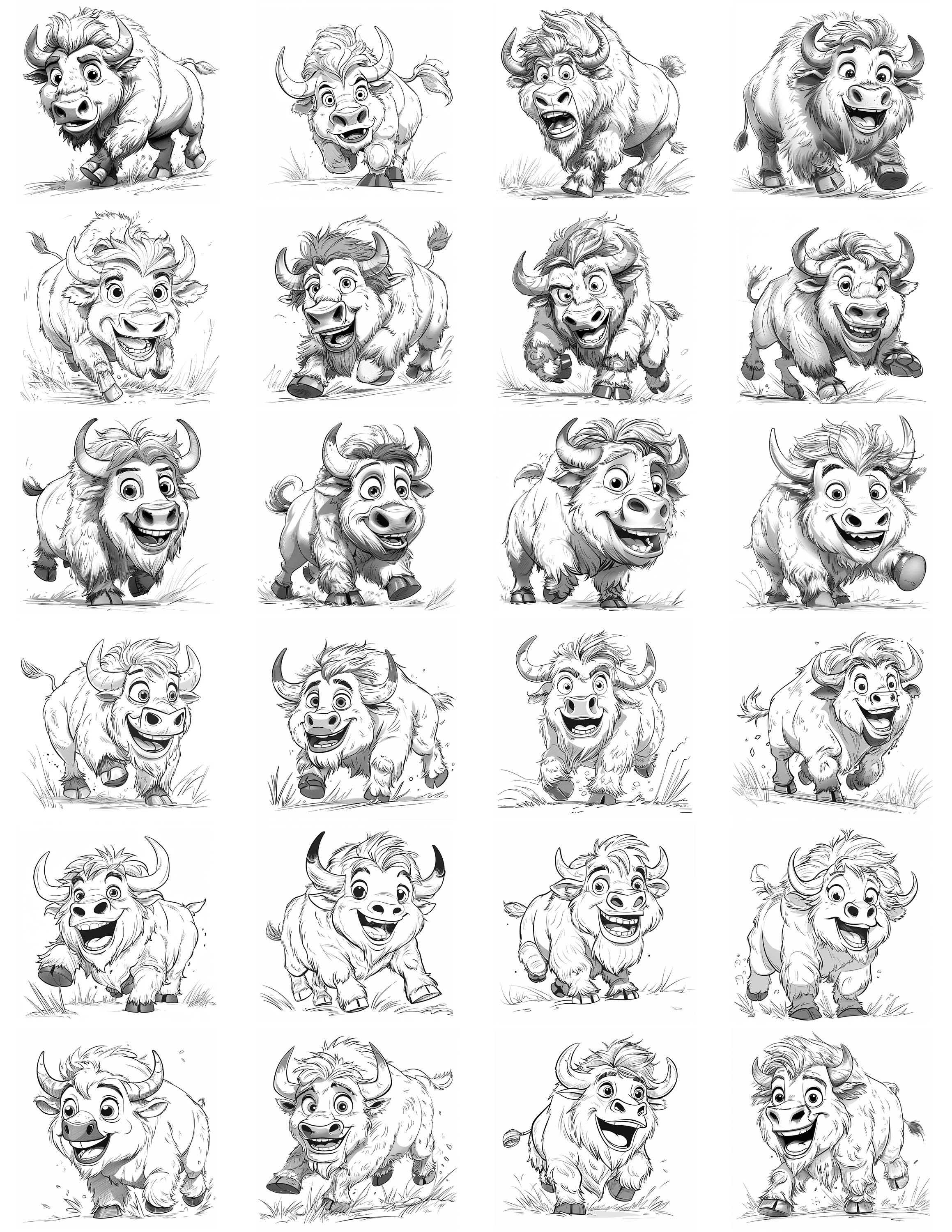 Buffalo/bison Cartoon Happy Line Art Black and White Bundle 1 60 ...