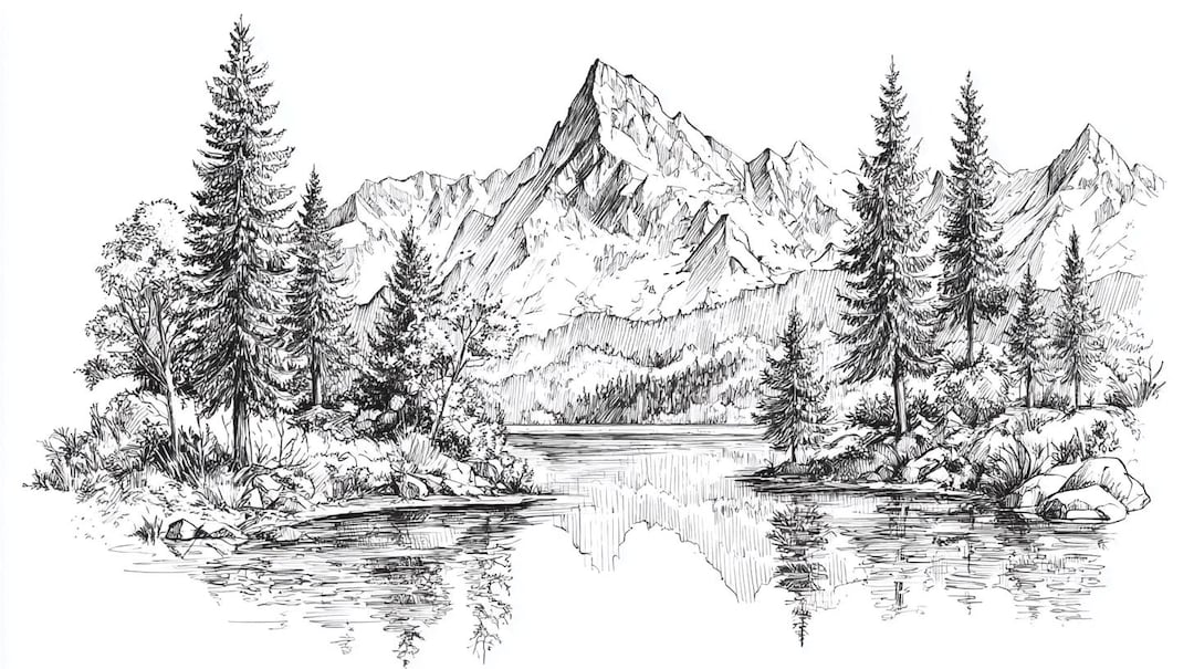 Mountain Lake Line Art Black and White Bundle 2 28 Digital Ai Line Art ...