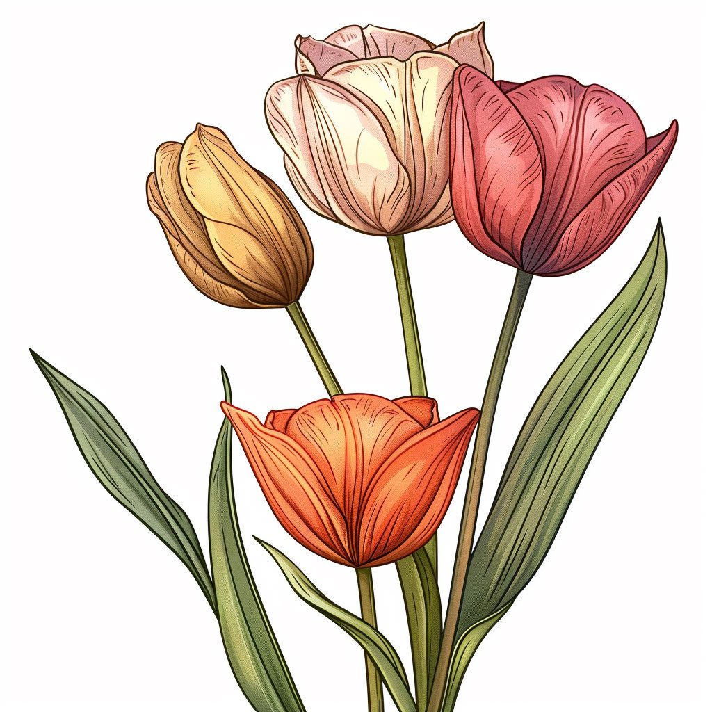 Tulip Blooms Line Art Vivid Color Bundle 2 72 Digital Line Art AI Svg ...