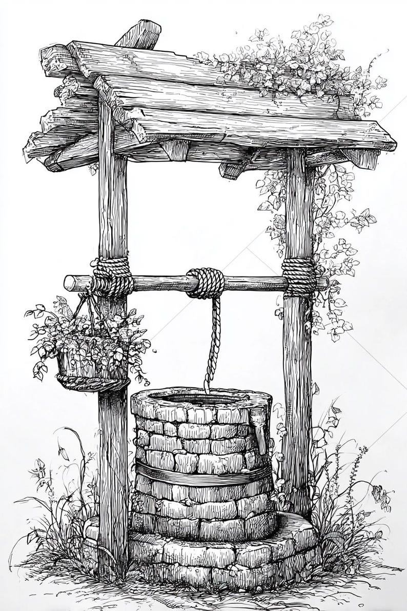 Wishing Well and Spring Flowers Black/white Line Art Bundle 3 24 ...