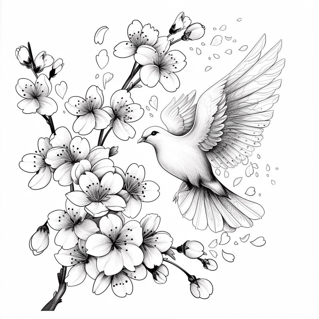 Cherry Blossoms and Doves Black/white Line Art Bundle 4 36 Digital Line ...