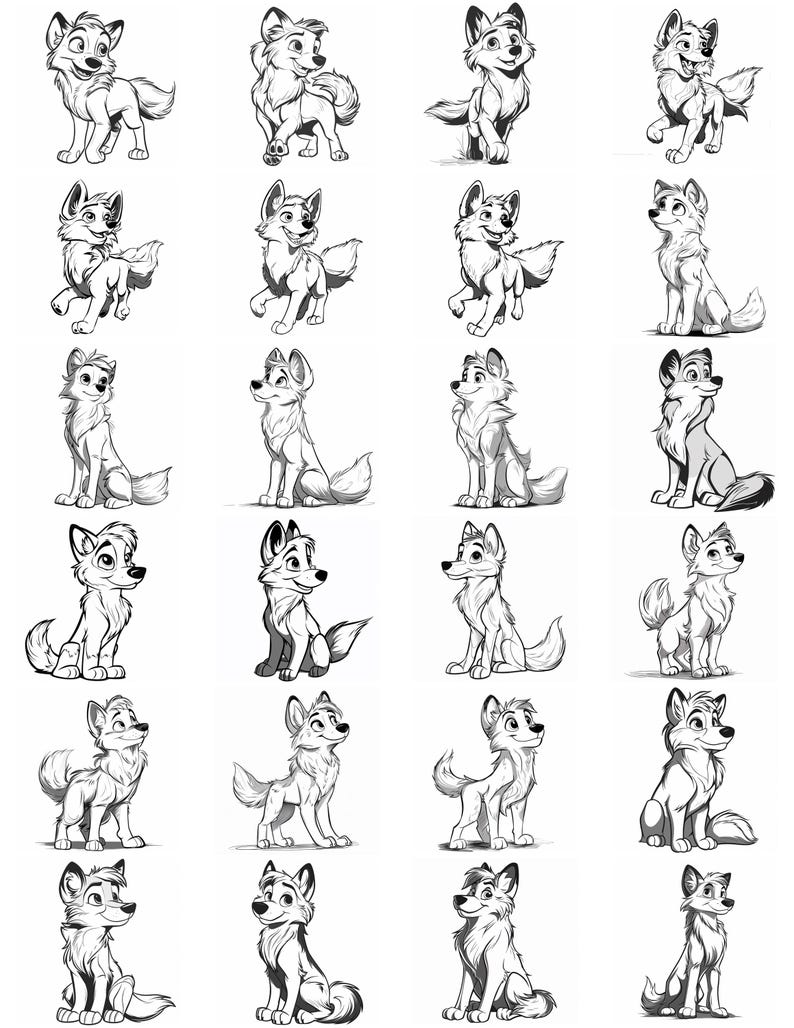 Wolf Cartoon Line Art Black and White Bundle 1 32 Digital Ai Line Art ...