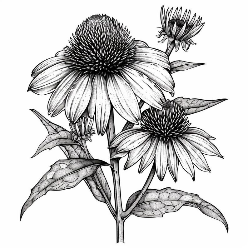 Coneflower Line Art Black and White Bundle 4 36 Digital Ai Line Art PNG ...