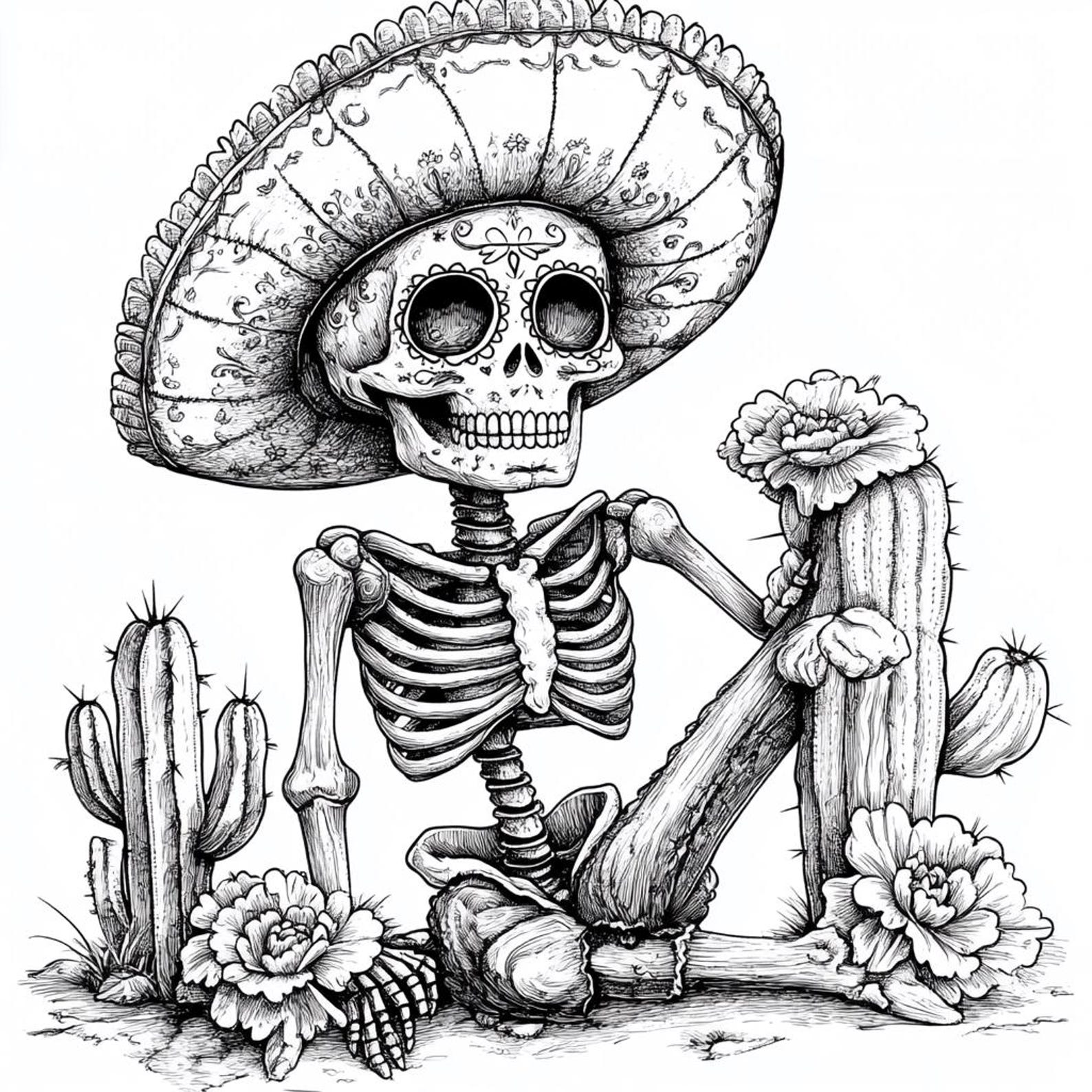 Skeleton Latin American Cartoon Line Art Black and White Bundle 2 20 ...