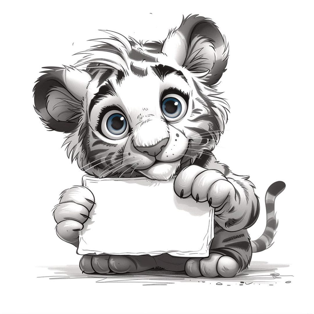 Tiger Cub With Sign Transparent Background Bundle 2 30 Digital Line Art ...