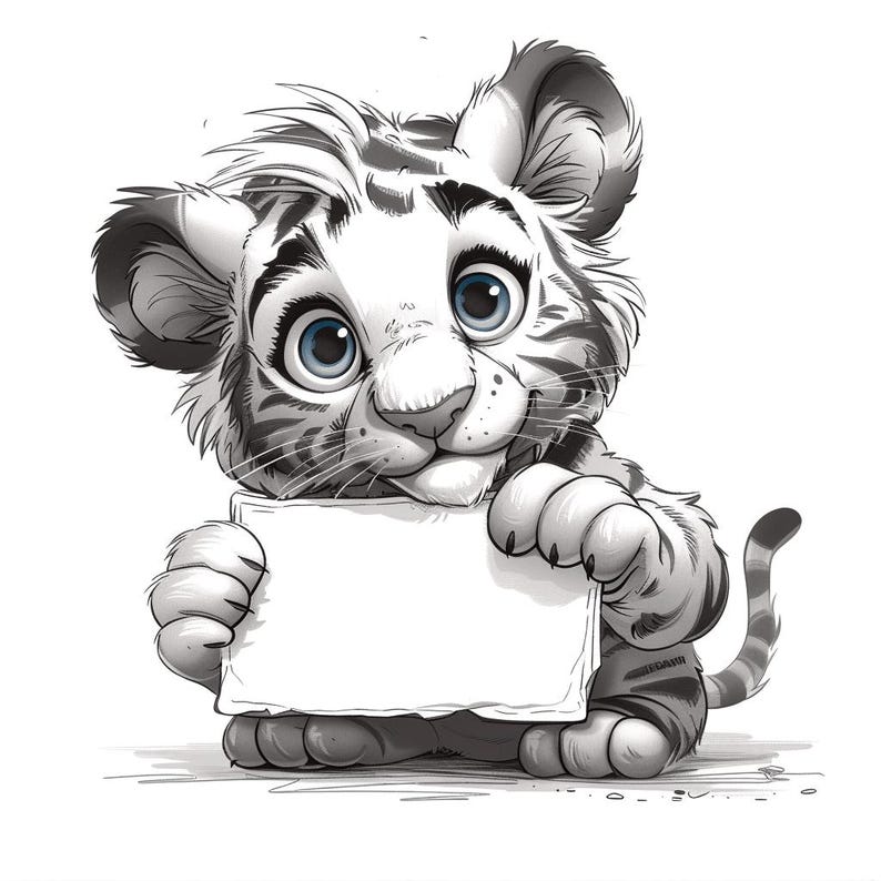 Tiger Cub With Sign Transparent Background Bundle 2 30 Digital Line Art ...
