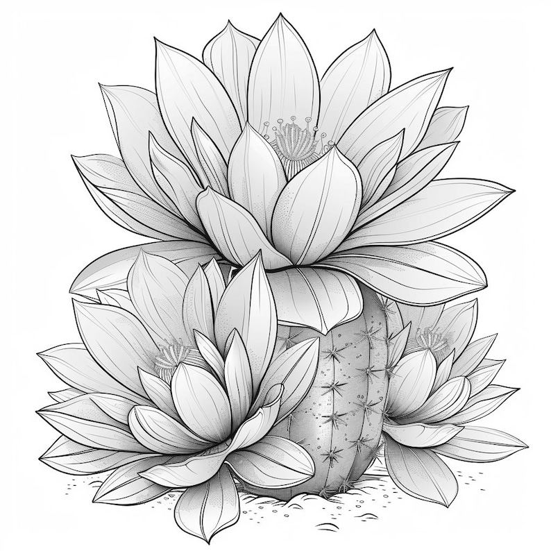 Cactus Blooms Line Art Black and White Bundle 3 20 Digital Line Art Ai ...