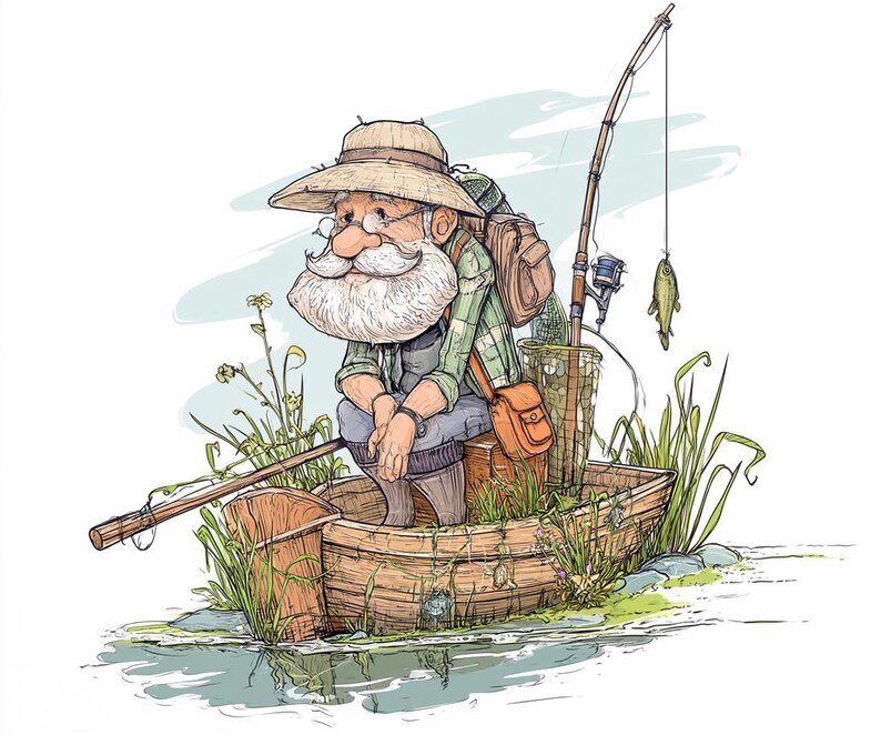 Fisherman in Dory Cartoon Line Art Watercolor Bundle 1 30 Digital Ai ...