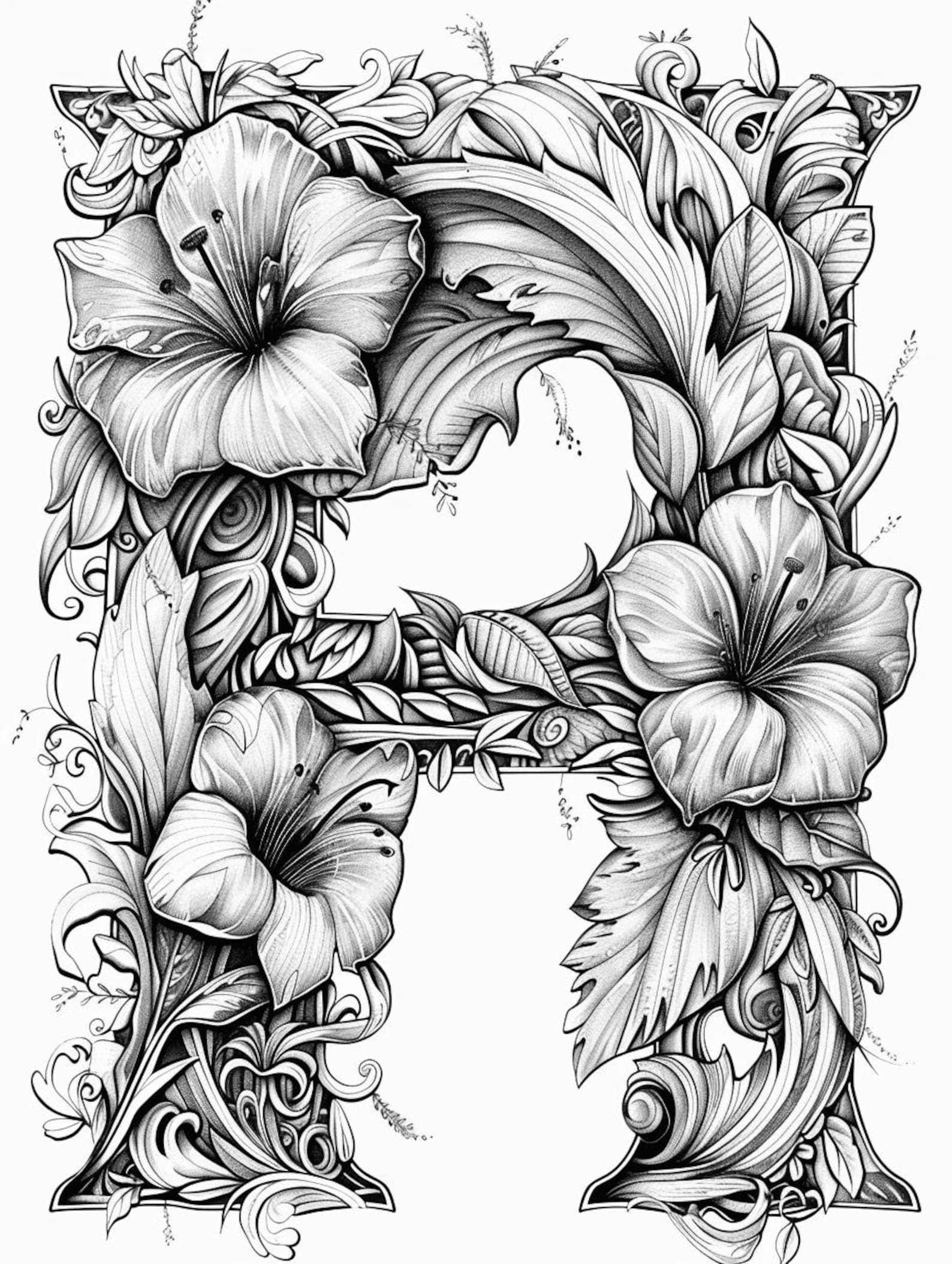 Cherry Blossom Alphabet Cap Drop Black/white Line Art Bundle H-N 28 ...