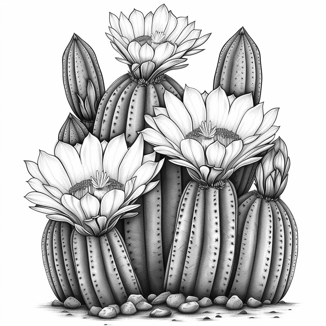 Cactus Blooms Line Art Black and White Bundle 2 24 Digital Line Art Ai ...