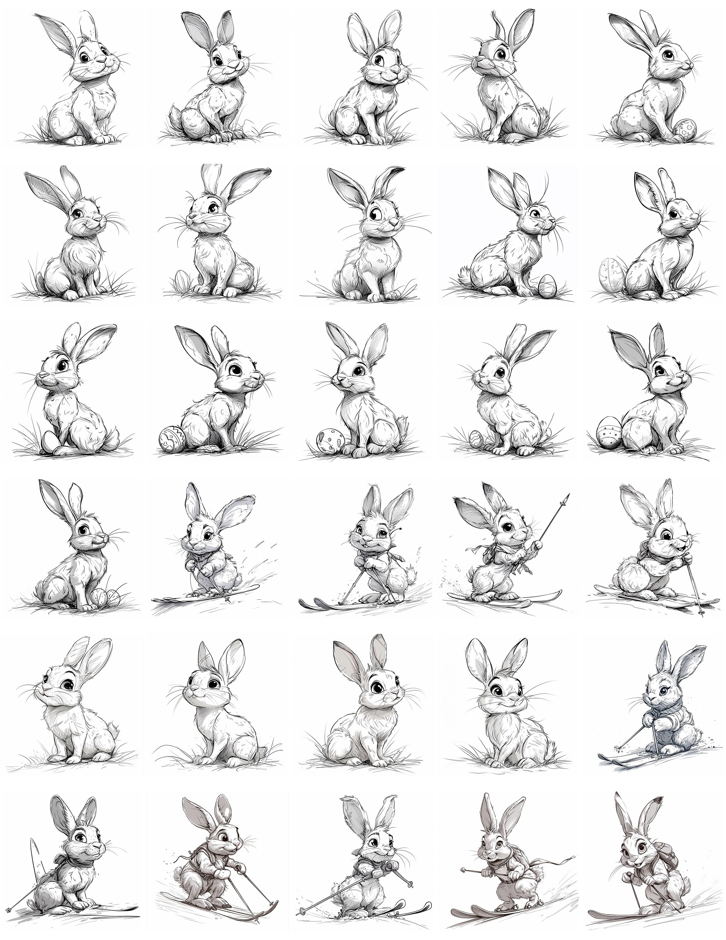 Bunnys of Easter Black and White Bundle 2 150 Digital Line Art Svg-png ...