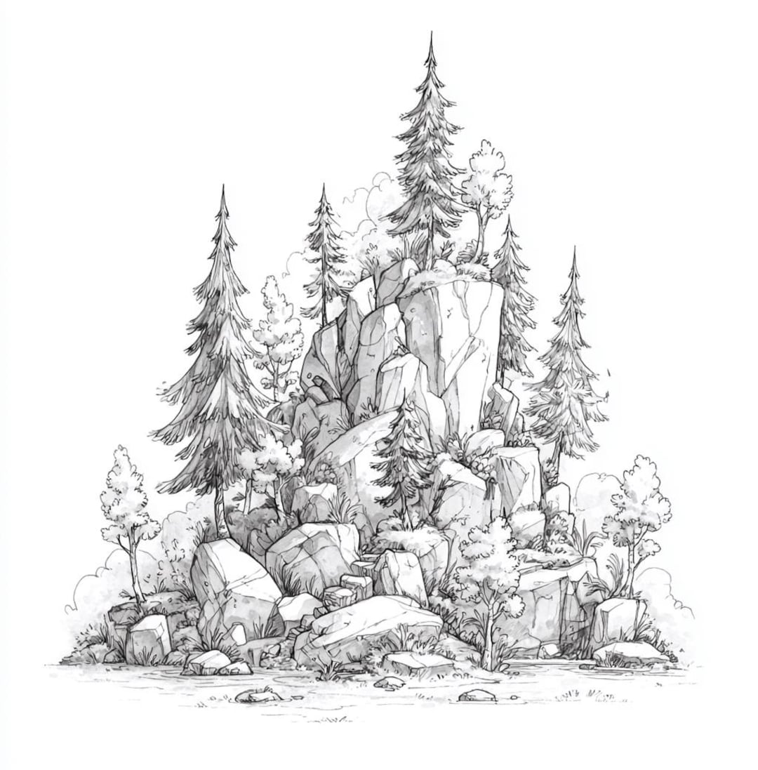 Mountain Forrest Cartoon Line Art - Black/white Bundle 1 28 Digital Ai ...